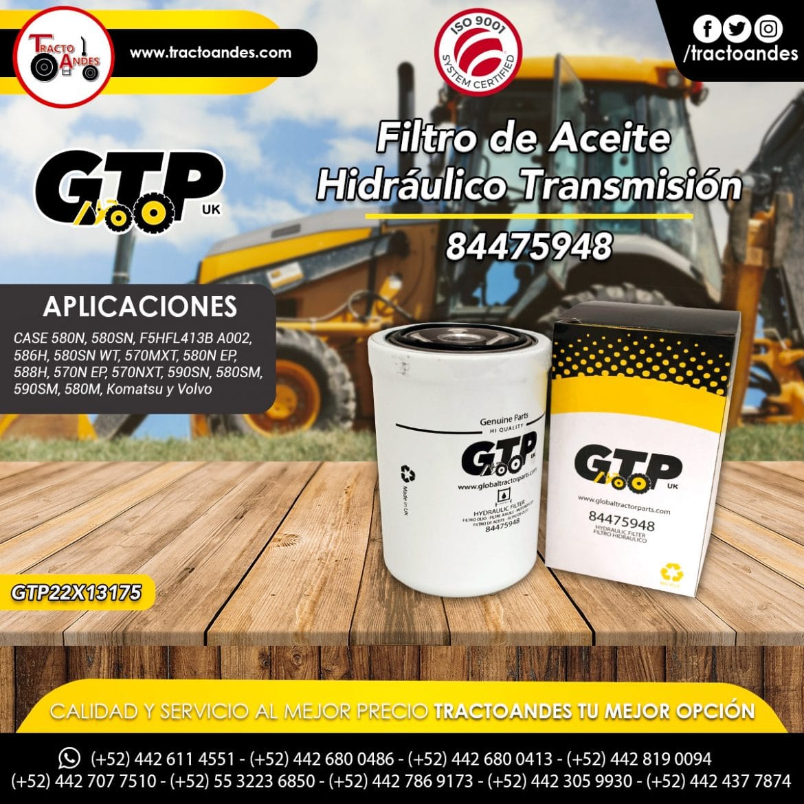 Filtro de Aceite Hidráulico Transmisión 84475948 TRACTOANDES